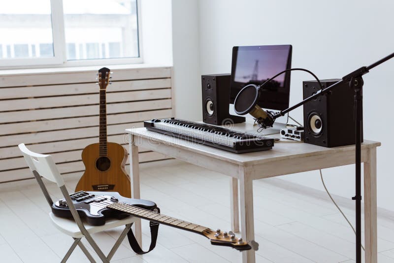 Microphone, Computer and Musical Equipment Guitars and Piano Background ...