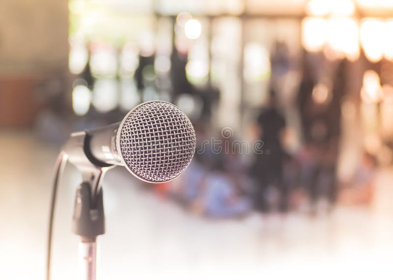 Microphone in Concert Hall or Conference Room Stock Image - Image of ...