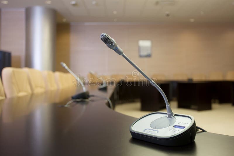 Microphone at Conference Table Stock Image - Image of beige, meeting ...