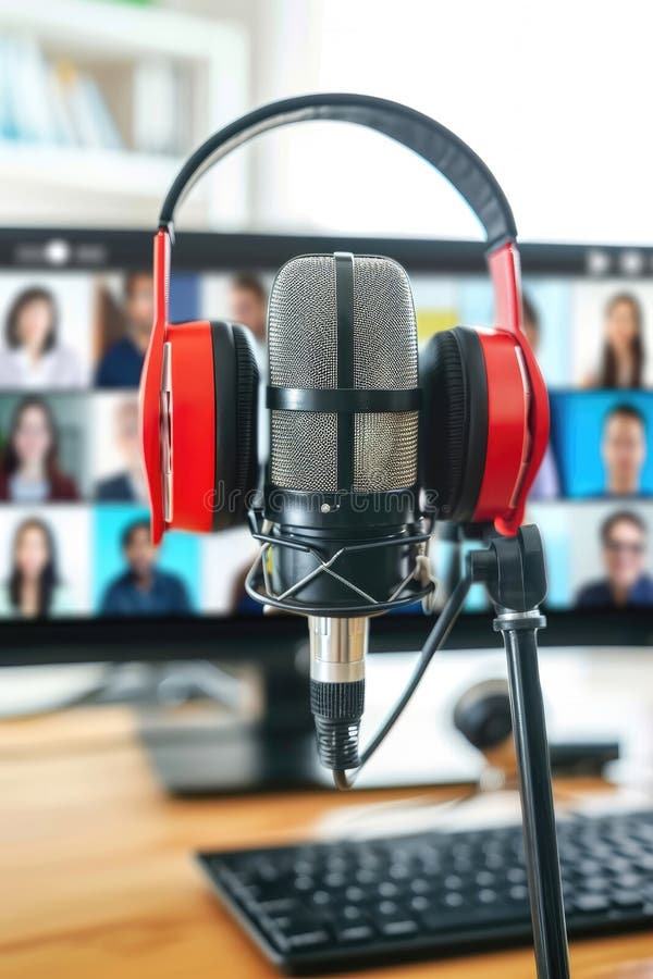 A Microphone is on a Desk Next To a Computer Monitor Stock Image ...
