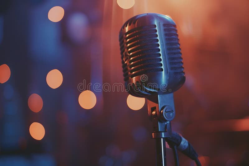 Microphone on Dramatic Stage with Colorful Lighting and Fog Effects ...