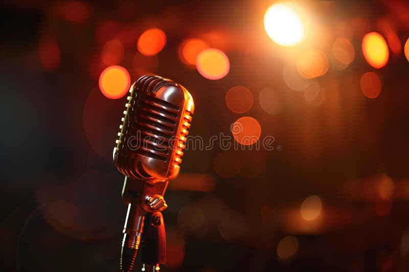 Microphone on Dramatic Stage with Colorful Lighting and Fog Effects ...