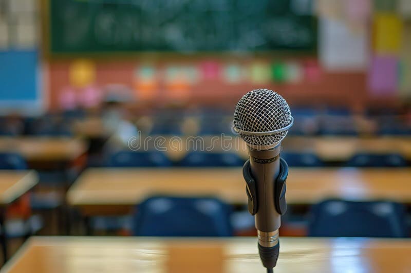 Microphone in an Empty Classroom Ready for Public Speaking, Copy Space ...