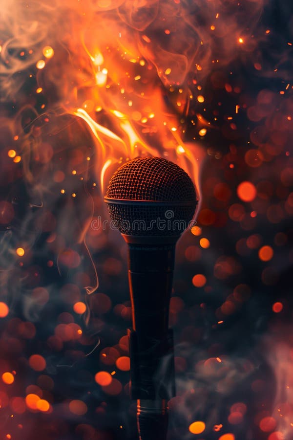 A Microphone Engulfed in Flames at a Blurred Concert Arena with Space ...