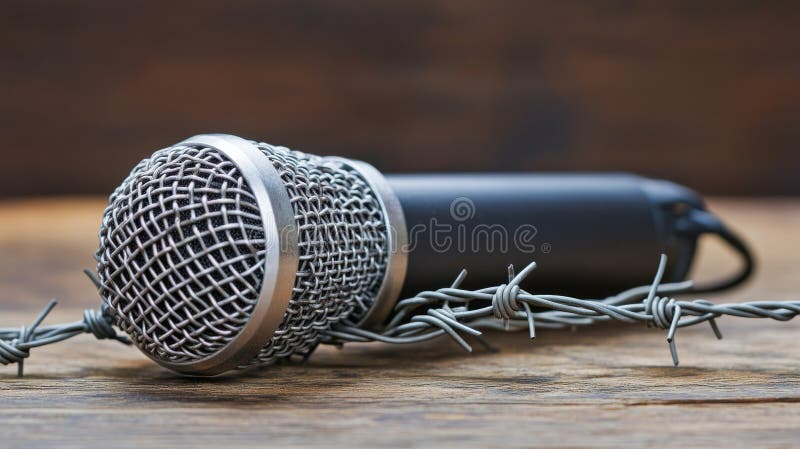 A Microphone Ensnared by Barbed Wire, Embodying the Idea of Tension or ...