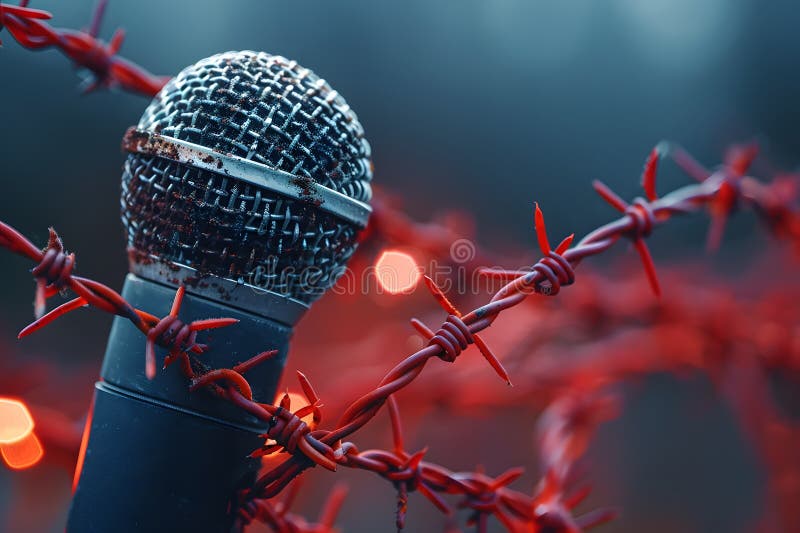 Microphone Entangled in Red Barbed Wire with Moody Background Lighting ...