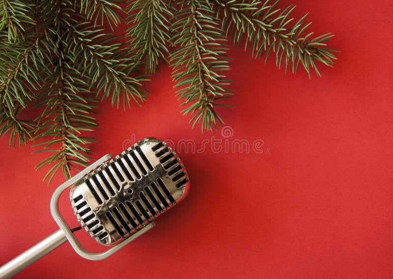 Microphone and Fir Branches Against Red Lights, Space for Text Stock ...