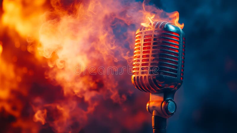 A Microphone on Fire with a Blue Background Stock Image - Image of ...