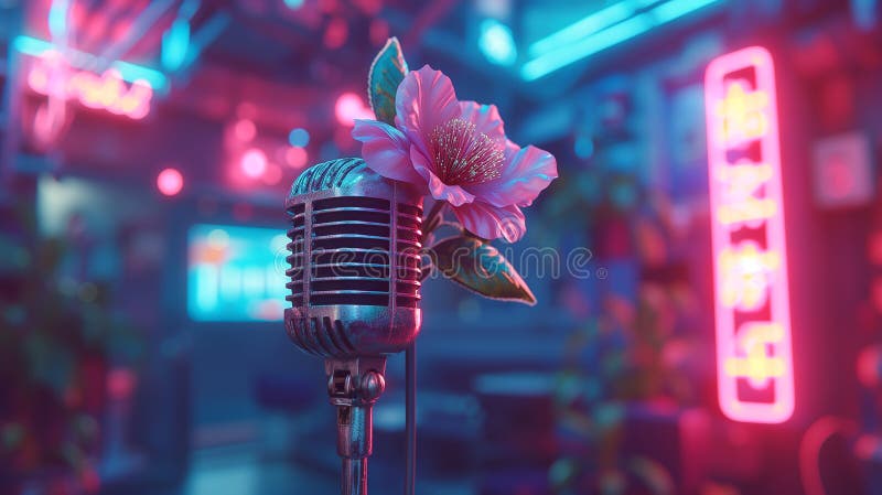 Microphone with a Flower on it in Front of Neon Signs Stock ...