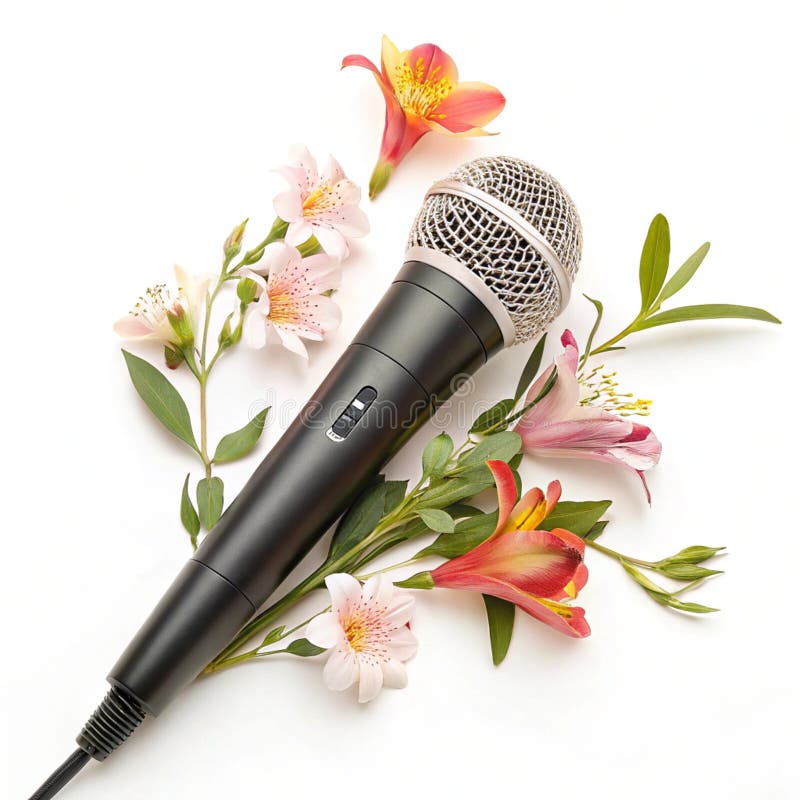 Microphone with Flowers Isolated on White Background Stock Illustration ...
