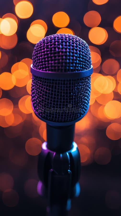 Microphone on Stage with Orange and Blue Bokeh Background Stock Photo ...
