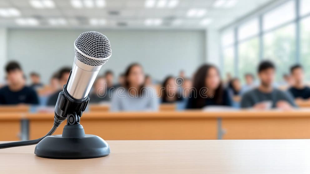Microphone in Focus with Diverse Audience in Blurred Lecture Hall ...
