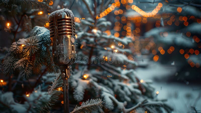A Microphone is in the Foreground of a Christmas Tree, AI Stock Photo ...