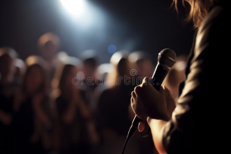 A Microphone in Front of an Audience. Comedy Music and Theater Live ...
