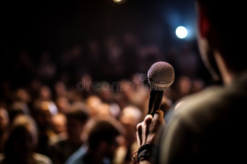 A Microphone in Front of an Audience. Comedy Music and Theater Live ...