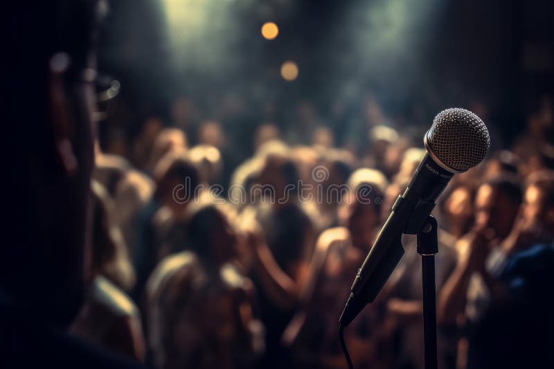 A Microphone in Front of an Audience. Comedy Music and Theater Live ...
