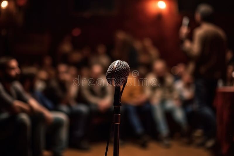 A Microphone in Front of an Audience. Comedy Music and Theater Live ...