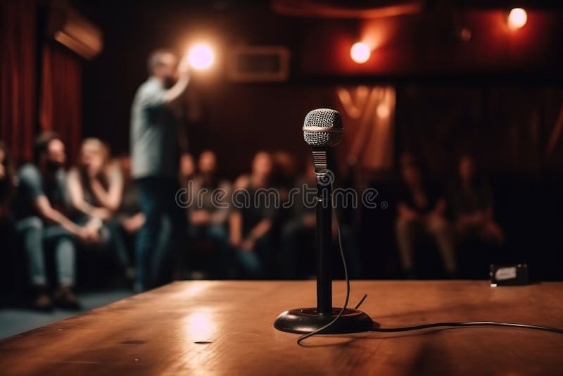 A Microphone in Front of an Audience. Comedy Music and Theater Live ...