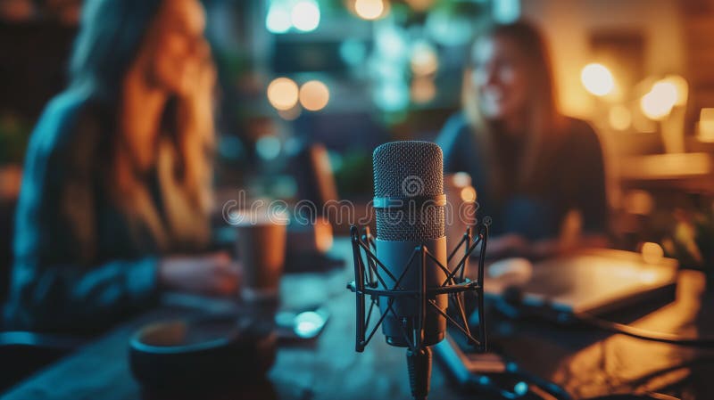 Microphone on the Front of Blurred Two Women Doing Podcast in Studio ...