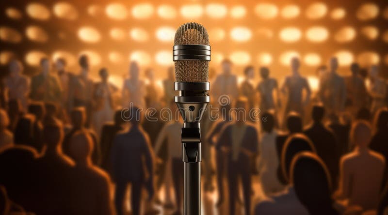 Microphone in Front of the Camera in a Big Group of People in a Theatre ...