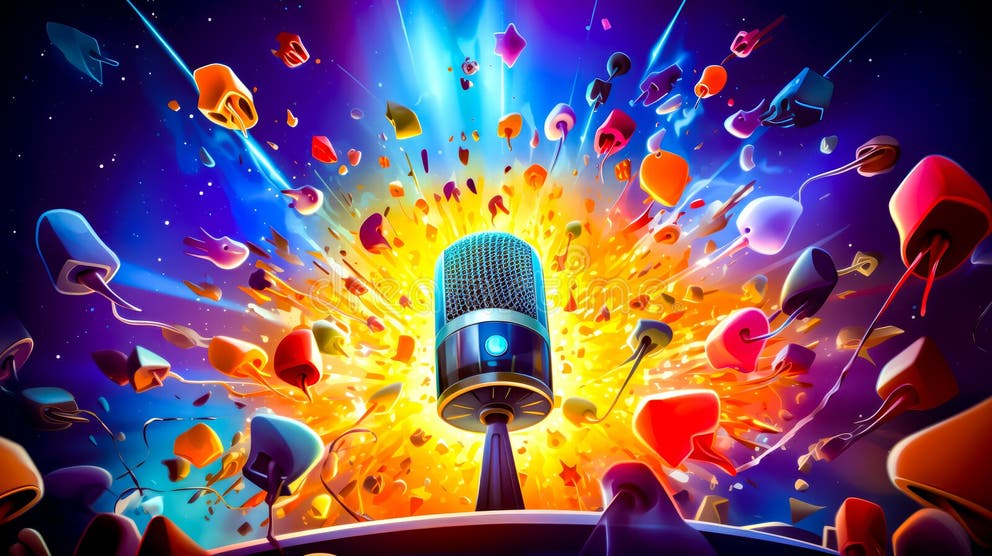 Microphone in Front of Colorful Explosion of Balloons and Confetti ...