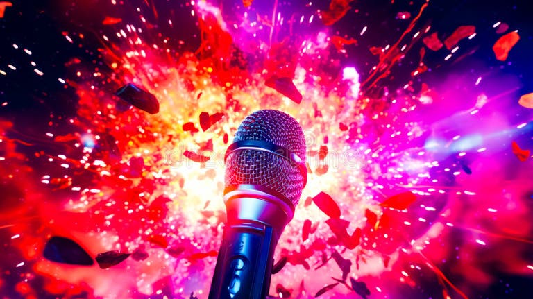 Microphone in Front of Colorful Explosion of Confetti on Black ...
