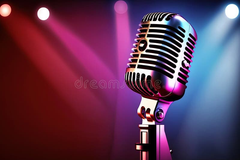 Retro Style Microphone on a Stage with Bokeh Lights in Background ...