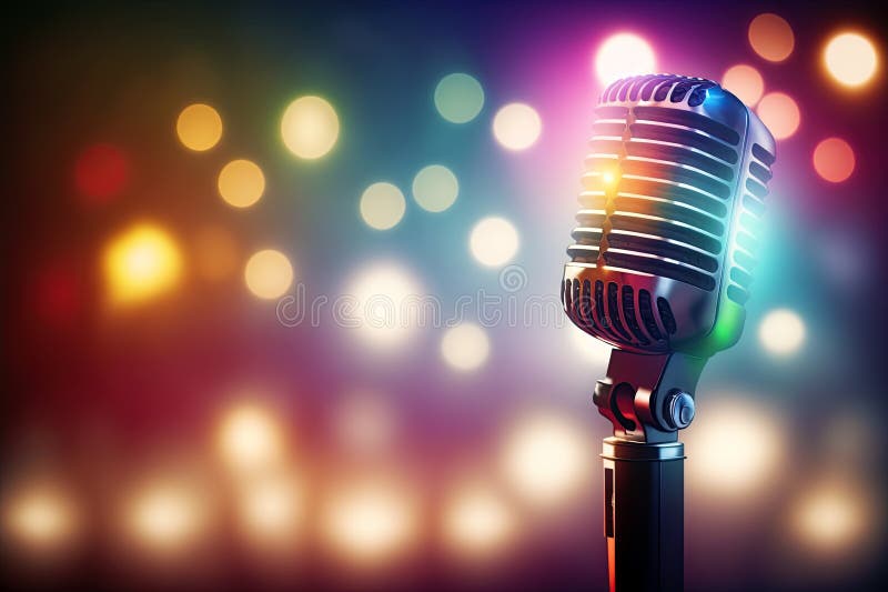 Retro Style Microphone on a Stage with Bokeh Lights in Background ...