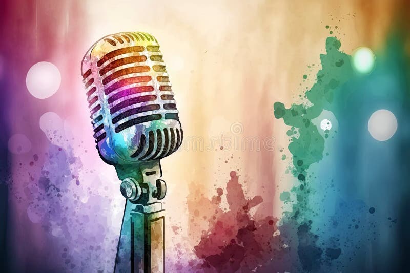 Retro Style Microphone on a Stage with Watercolor Background ...