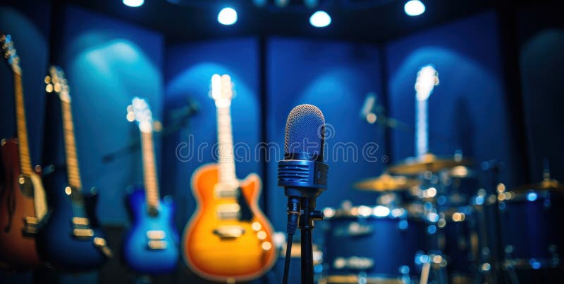 A Microphone and Guitars in Front of a Stage in a Recording Studio ...