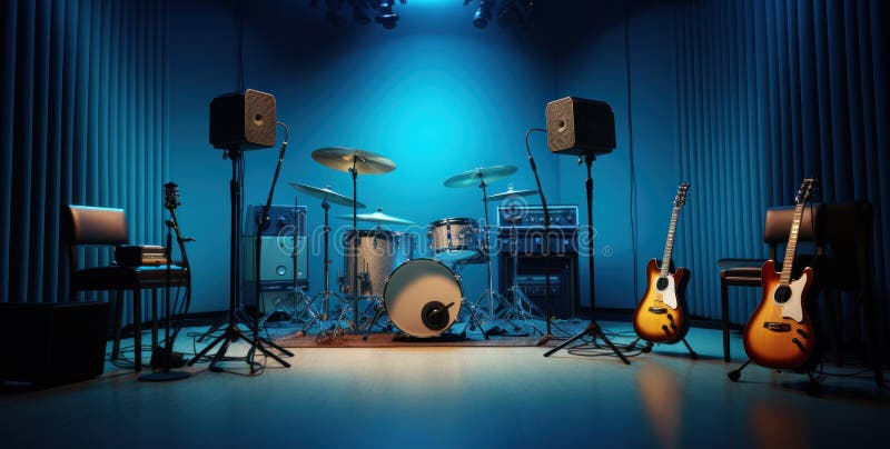 A Microphone and Guitars in Front of a Stage in a Recording Studio ...