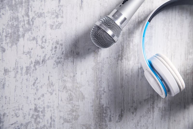 Microphone and Headphones on a White Desk. Top View Stock Image - Image ...