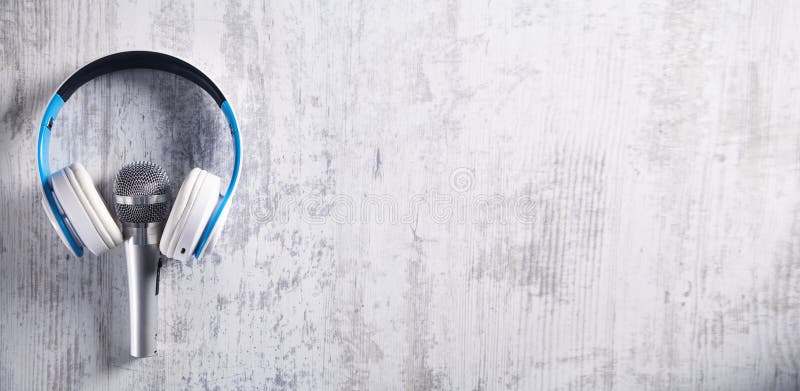 Microphone and Headphones on a White Desk. Top View Stock Photo - Image ...