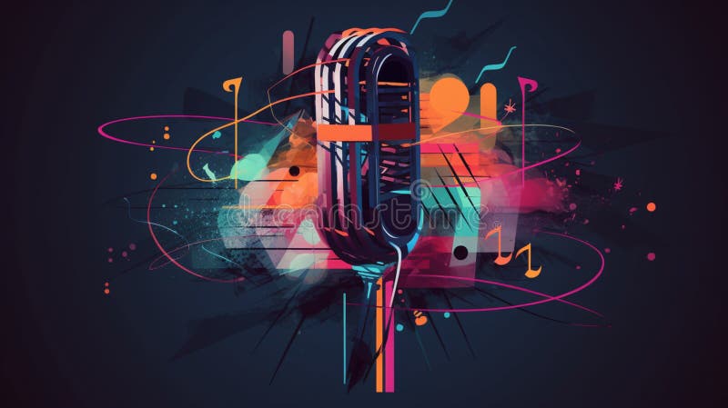 Microphone Illustration and Abstract Musical Notes in Flat Design Style ...