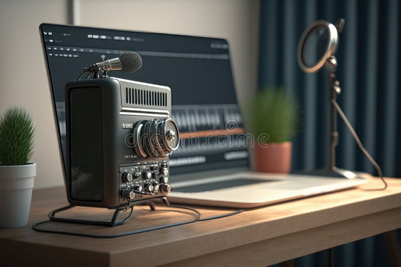 Microphone and Laptop on a Wooden Table. Generative AI Stock ...