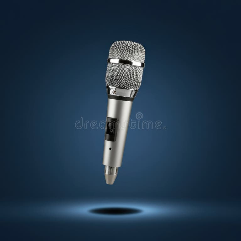 A Microphone Levitating Upright in Mid-air Against a Solid Navy Blue ...
