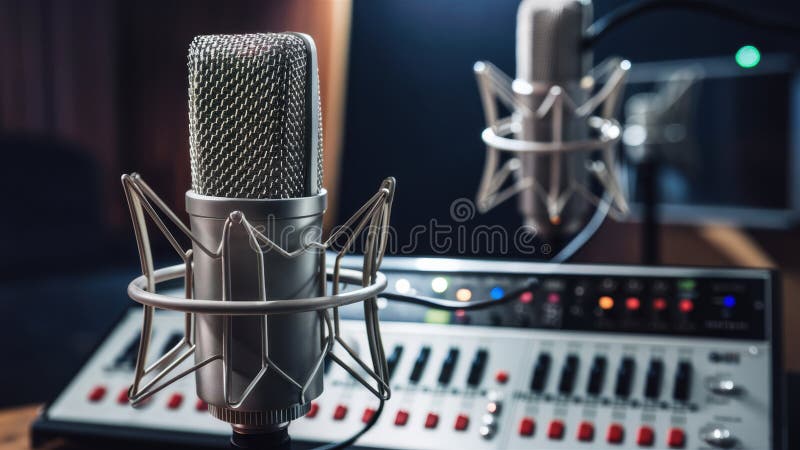 A Microphone and a Mixing Board in Front of an Electronic Keyboard, AI ...