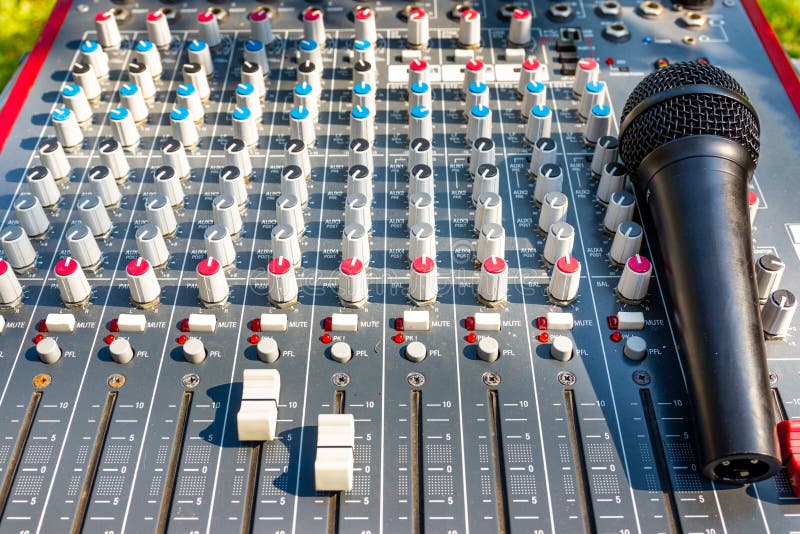 Microphone on Mixing Console of a Big HiFi System, the Audio Equipment ...