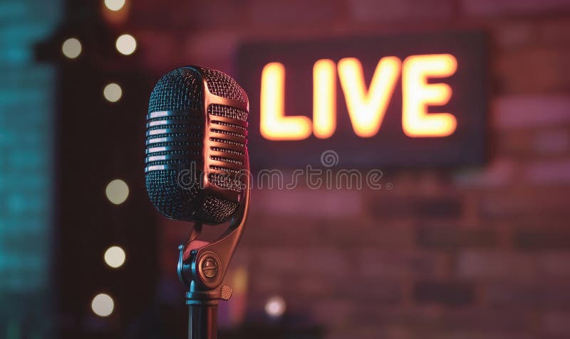 Microphone Neon Sign Word Live, Set for Streaming Stock Illustration ...