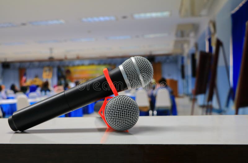 Microphone on the Old Table in Conference Room Stock Image - Image of ...