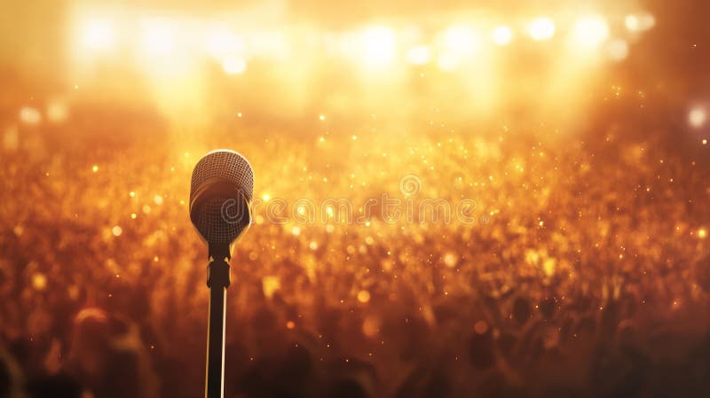 Microphone Performing on Stage with Blurred Crowd and Golden Lights ...