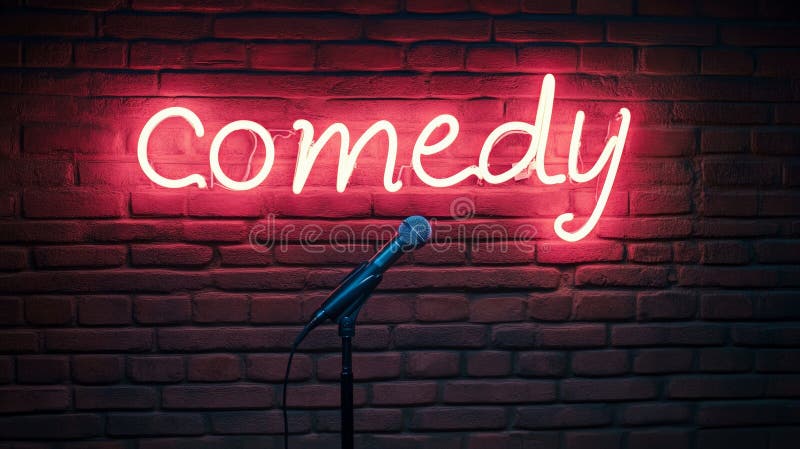 Microphone Performing Under Neon Comedy Sign on Brick Wall Stock Image ...