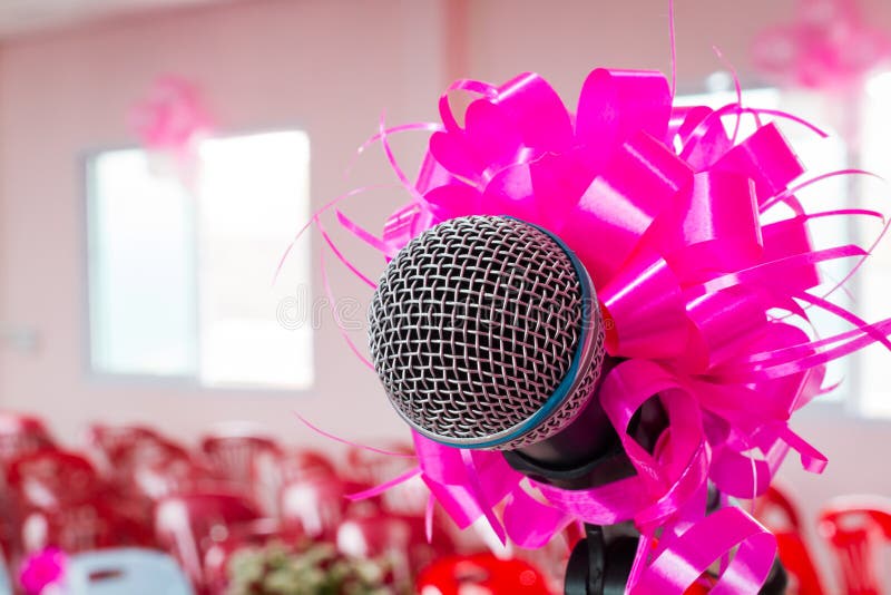 Microphone with Pink Bow and Ribbon in Wedding Ceremony Hall Stock ...