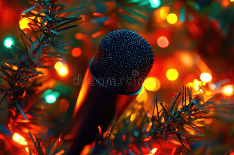 A Microphone Placed Atop a Decorated Christmas Tree Stock Image - Image ...