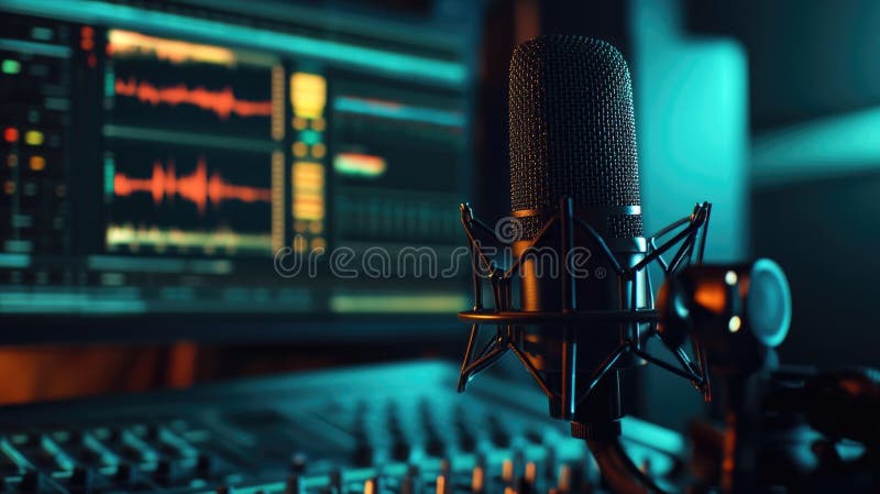 Office Setup with Microphone and Computer Stock Image - Image of ...