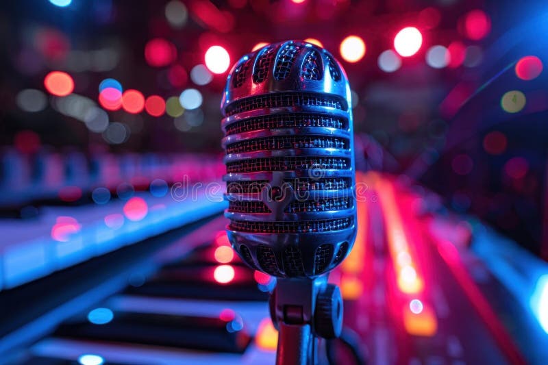 A Microphone is Placed on a Stage Next To a Keyboard Stock Image ...