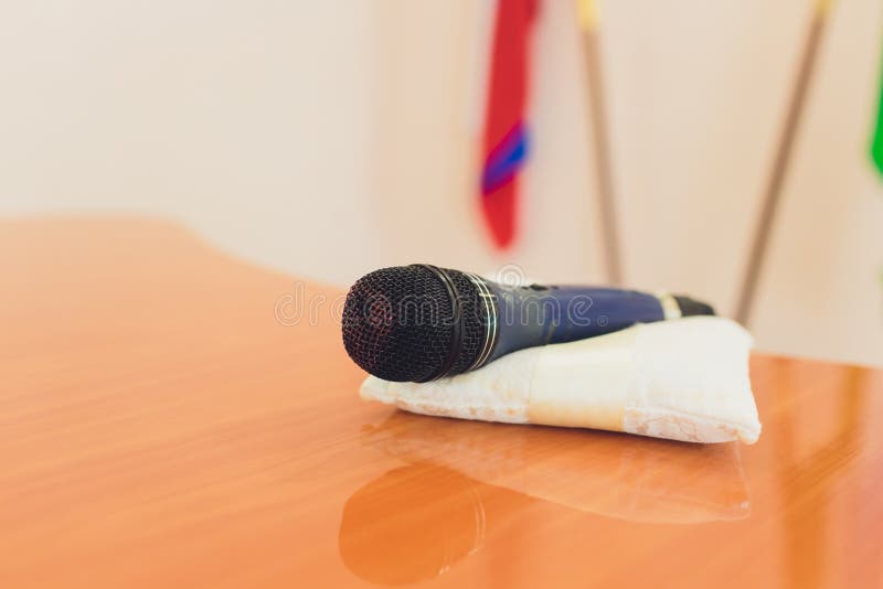 Microphone is Placed on a Wooden Table. at the Meeting Room. Stock ...