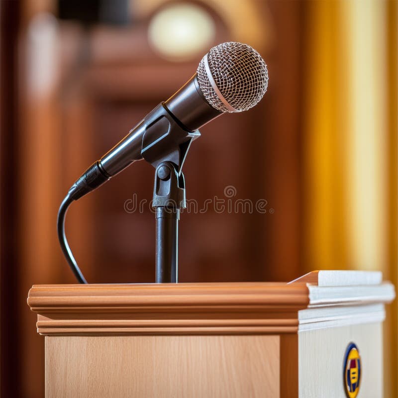 Microphone on Podium in Conference Hall or Seminar Room, 3d Render ...