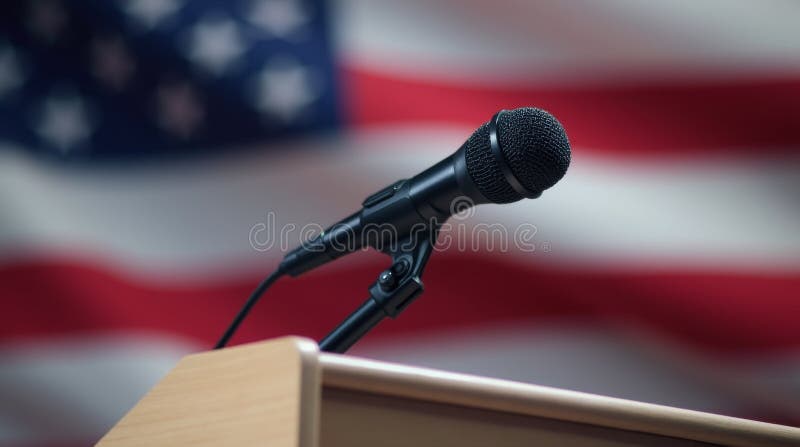 Microphone on a Podium in Front of a Blurred American Flag Backdrop ...