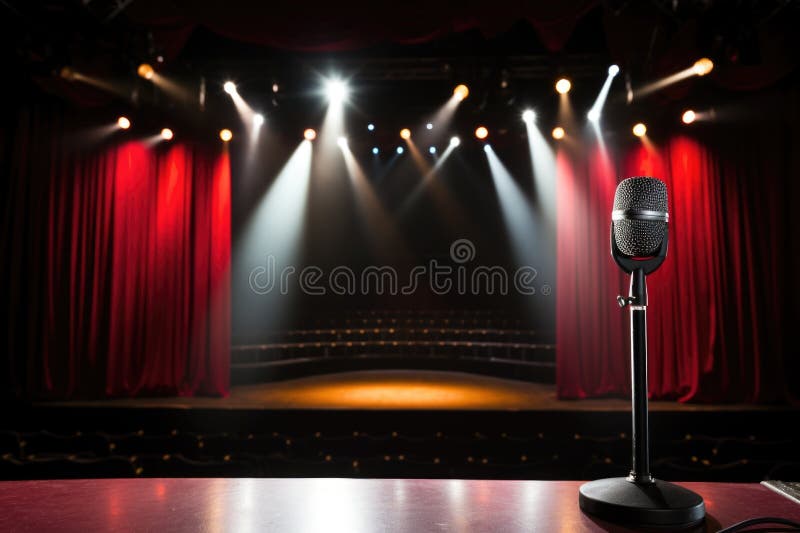 A Microphone and Podium Under Spotlight on Stage Stock Photo - Image of ...